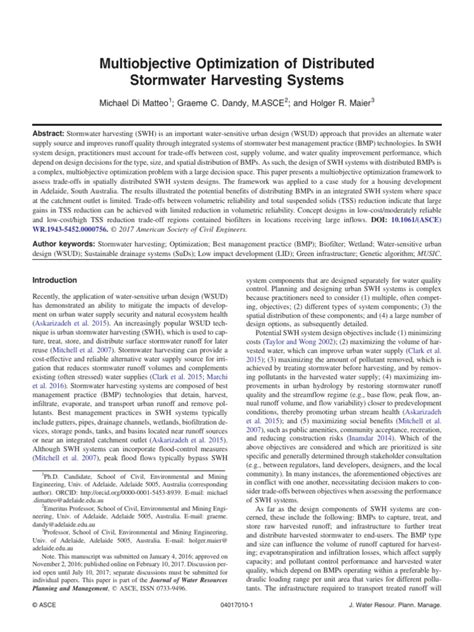 Multiobjective Optimization Of Distributed Stormwater Harvesting Systems Pdf Stormwater
