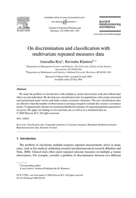 Pdf On Discrimination And Classification With Multivariate Repeated Measures Data
