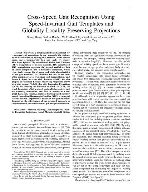 Pdf Cross Speed Gait Recognition Using Speed Invariant Gait Templates And Globality Locality