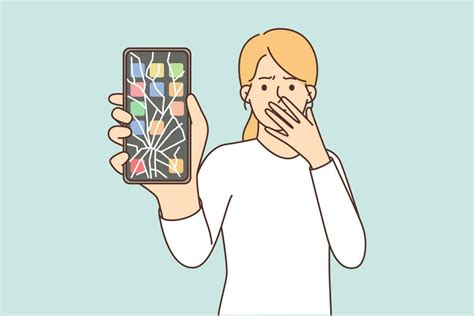 Woman With Broken Phone Covers Mouth With Hand And Demonstrates Screen Of Gadget With Cracks