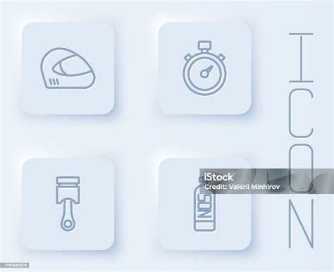 세트 라인 레이싱 헬멧 스톱워치 엔진 피스톤 및 아산화 질소 흰색 사각형 버튼입니다 벡터 계시기에 대한 스톡 벡터 아트 및 기타