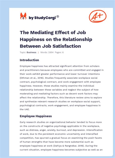 The Mediating Effect Of Job Happiness On The Relationship Between Job Satisfaction Free Essay
