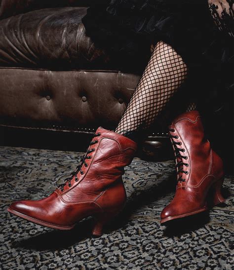 Victorian Style Leather Ankle Boots In Red Rustic Traditional Wedding
