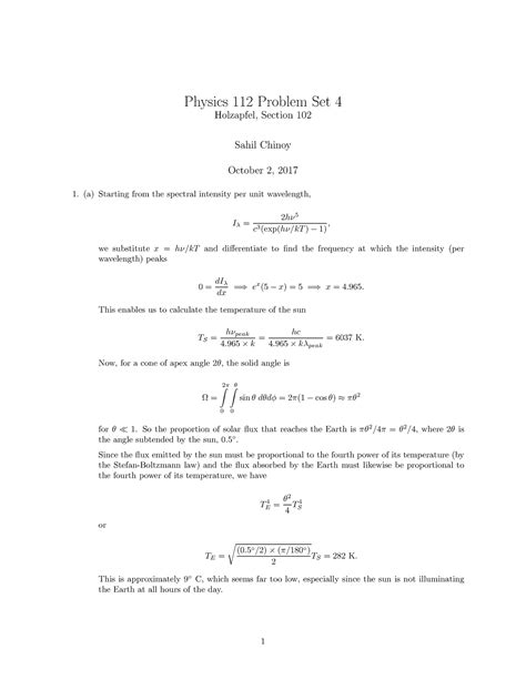 Hw4 Hw4 Sets Problem Physics 112 Problem Set 4 Holzapfel Section 102 Sahil Chinoy October