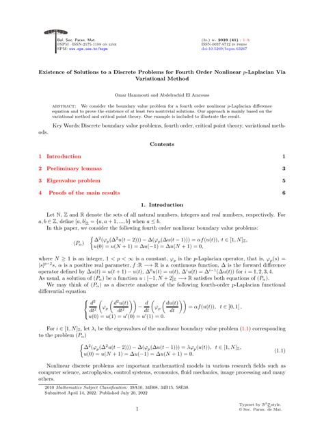 Pdf Existence Of Solutions To A Discrete Problems For Fourth Order Nonlinear P Laplacian Via