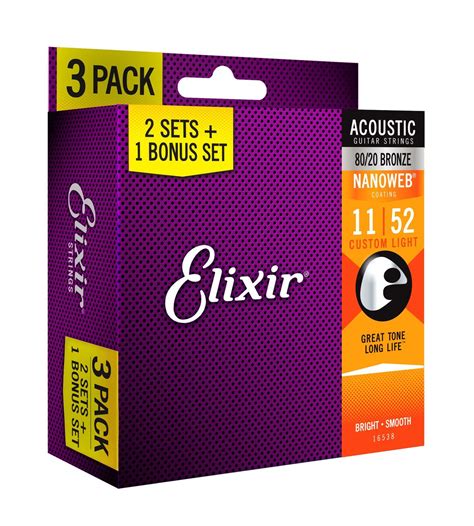 Elixir 16538 11 52 Nanoweb Acoustic Guitar Strings 3 Packe16538