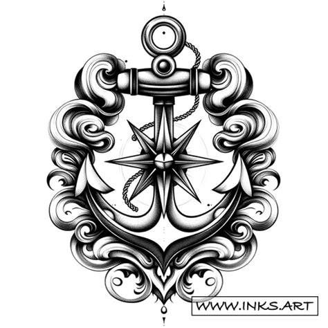 Tattoo Design Navy Ship Anchor Compass Rose Waves Style Blackwork