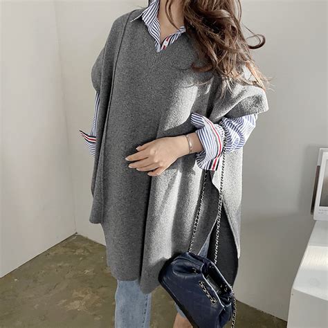 울 니트 브이넥 숄 케이프 망또 판쵸 가디건 언발 니트 레이어드룩 에이블리
