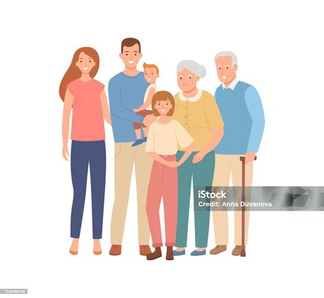 평평한 스타일의 행복한 가족 어머니 아버지 아들 딸 조부모 조부모에 대한 스톡 벡터 아트 및 기타 이미지 조부모 아기