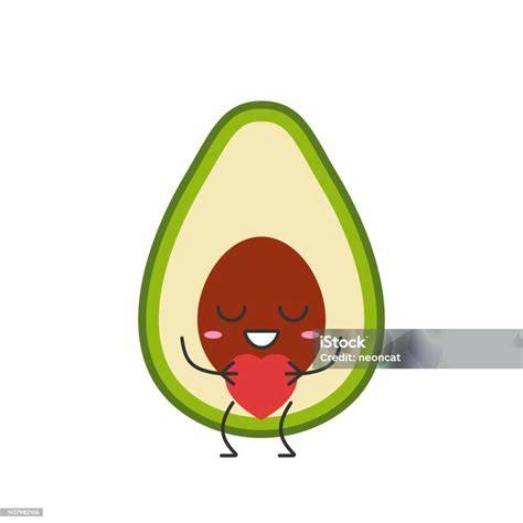 아보카도 캐릭터 만화 과일 귀여운 웃는 얼굴 사랑 기호 심장 좋아하는 감정 아이콘 벡터 일러스트레이션 아보카도에 대한 스톡 벡터