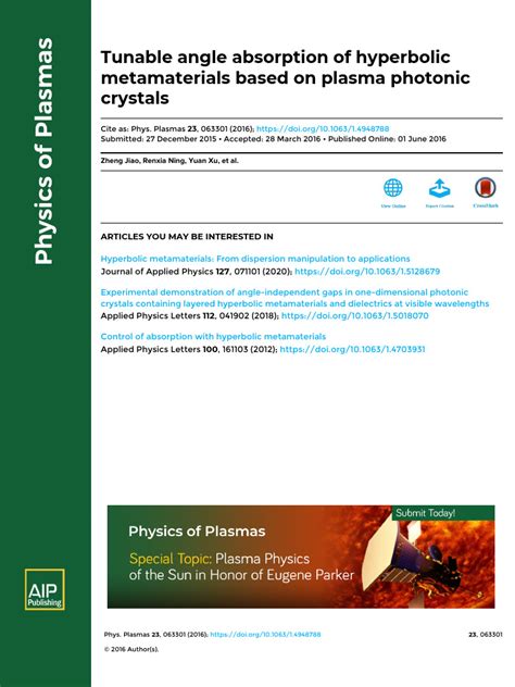 Tunable Angle Absorption Of Hyperbolic Metamaterials Based On Plasma Photonic Crystals Pdf