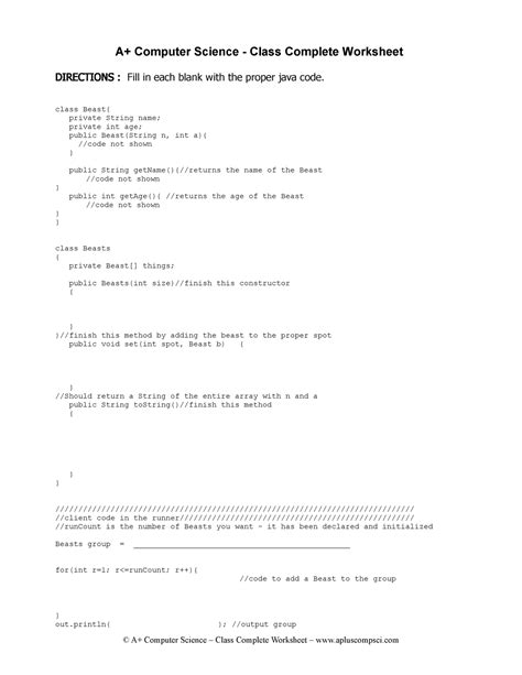 Classcomplete Worksheet 10 Java Aplus A Computer Science Class
