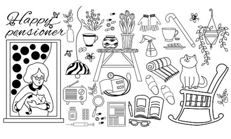 창에 고양이와 노인의 아이콘 세트 연금 수령자 소지품은 신문과 집식물 책과 토노미터 안락의자 및 의학입니다 격리된 검은색 윤곽선입니다 벡터 가정 생활에 대한 스톡 벡터 아트