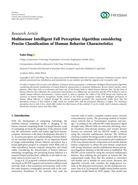 Pdf Multisensor Intelligent Fall Perception Algorithm Considering