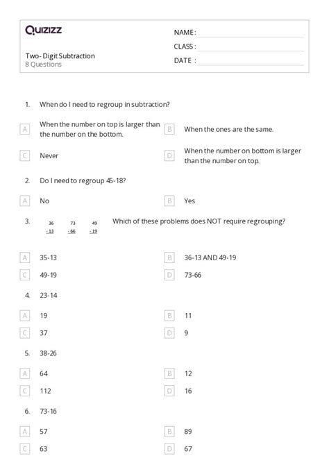 50 Two Digit Subtraction Worksheets For 2nd Grade On Quizizz Free And Printable