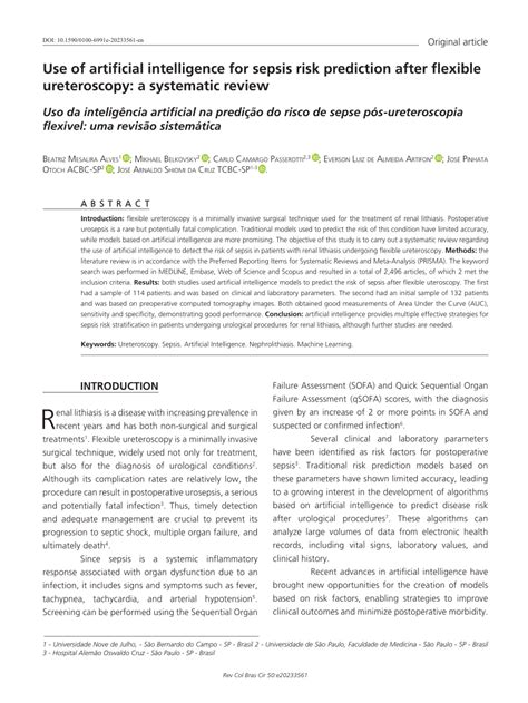 Pdf Use Of Artificial Intelligence For Sepsis Risk Prediction After Flexible Ureteroscopy A