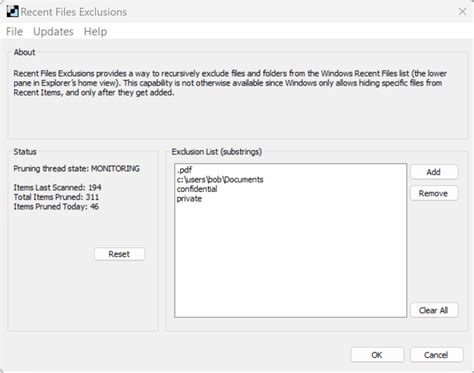 recent files exclusions