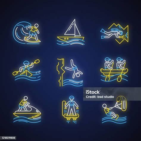 수상 스포츠 네온 라이트 아이콘 세트입니다 빛나는 징후 동굴 다이빙 서핑 플라이 보드 및 항해 절벽 다이빙 카약 윈드서핑 스포츠의 극단적 인 종류 벡터 절연 일러스트레이션