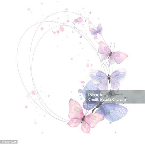 나비와 페인트가 튀는 타원형 프레임 섬세하고 통풍이 잘되는 수채화 그림 엽서 포스터 초대장 기념품 결혼식 파티의 디자인과 장식을
