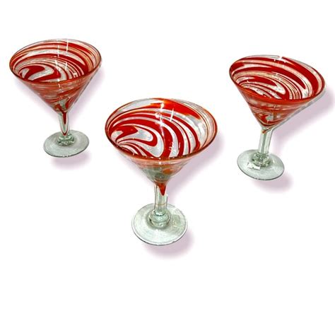 Dining Set Of 3 Large Hand Blown Groovy Red Swirl Mexican Martini