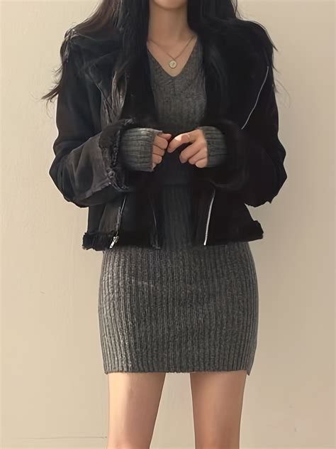 테무 Temu 솔리드 니트 스웨터 드레스 가을 And 겨울용 우아한 V 넥 긴 소매 Bodycon 드레스 여성 의류 위시버킷