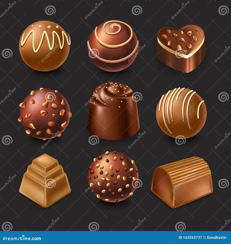 Assorted Chocolate Candies With Different Fillings And Shapes Stock