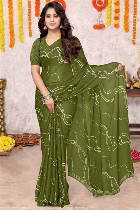 Mehandi Green Chiffon Geometric Print Saree With Unstitched Blouse