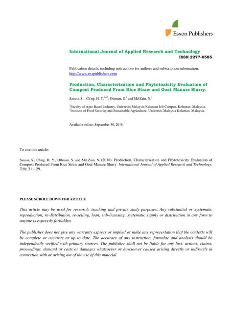 Pdf Production Characterization And Phytotoxicity Evaluation Of Compost Produced From Rice