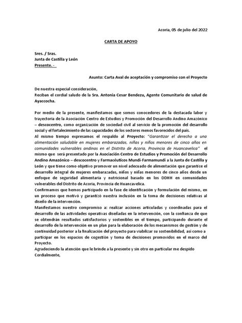 Cartas De Apoyo Acs Ayaccocha Pdf Seguridad Alimentaria