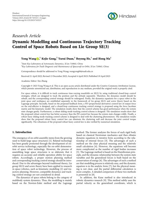 Pdf Dynamic Modelling And Continuous Trajectory Tracking Control Of Space Robots Based On Lie
