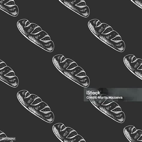 손으로 그린 빈티지 완벽 한 패턴 프랑스 바게트 빵 조각에 스케치 스타일 칠판 배경에 갈색에 대한 스톡 벡터 아트 및 기타 이미지 갈색 고전 양식 고풍스런 Istock