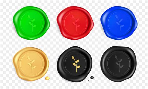 왁스 씰 세트와 분기 녹색 빨간색 파란색 금색 검은 왁스 씰 스탬프와 흰색 배경에 분리 된 가지 사실적인 보장 스탬프 사실적인 3d 벡터 일러스트레이션 금 금속에 대한 스톡