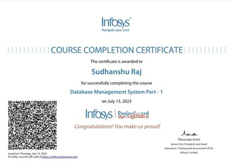 Sudhanshu Raj On Linkedin Dbms Certification Infosysspringboard