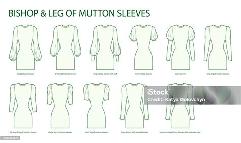 비숍과 양고기 소매 옷의 세트 커프스 줄리엣 확장 컵 테크니컬 패션 일러스트레이션 몸에 맞는 바디 플랫 의류 템플릿 앞면 여성