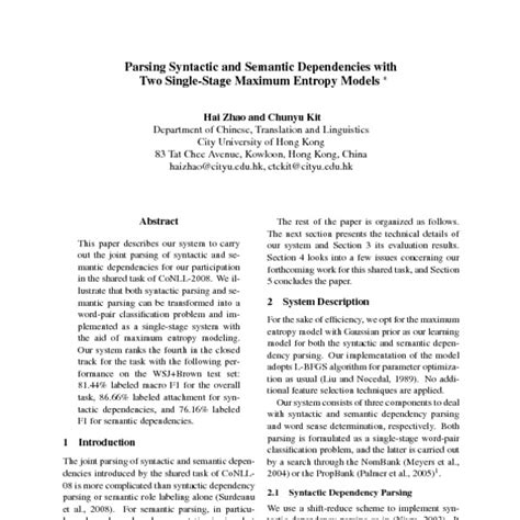 Parsing Syntactic And Semantic Dependencies With Two Single Stage Maximum Entropy Models Acl