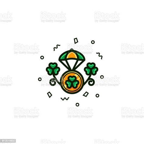 토끼풀 기호 및 낙하산고립 된 배경에 플랫 컬러 라인 아이콘 골드 동전 행운을 빌어요 재산 돈 벡터 일러스트 레이 션입니다 St Patricks Day에 대한 스톡 벡터