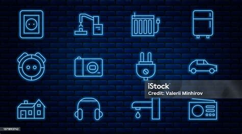 세트 라인 라디오 자동차 난방 라디에이터 사진 카메라 로봇 진공 청소기 전기 콘센트 플러그 및 로봇 로봇 팔 손 공장 아이콘 벡터 기계류에 대한 스톡 벡터 아트 및 기타