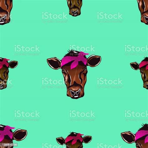 녹색 배경에 고립 된 매끄러운 패턴 머리 암소 만화섬유 직물 인쇄 일러스트 배경에 사용 가축형 물소에 대한 스톡 벡터 아트 및