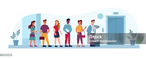사무실에서 엘리베이터에 대기 공공 장소에서 줄을 기다리는 사람들 벡터 평면 일러스트 비즈니스 센터 또는 집 엘리베이터 리프트와 대기열에 서있는 남자와 여자 참을성이 없고