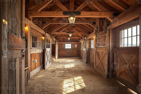 Stable Interior Stall For Horses In Wooden House Barn In Village