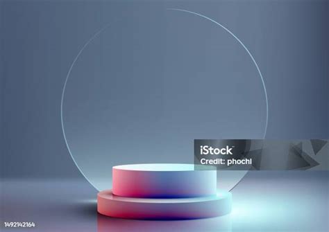 3d 사실적인 파란색과 분홍색 네온 그라데이션 색상은 회색 배경에 투명한 유리 원을 배경으로 빈 연단 스탠드 계단을 밟습니다 3차원 형태에 대한 스톡 벡터 아트 및 기타