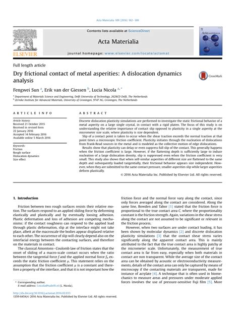 Pdf Dry Frictional Contact Of Metal Asperities A Dislocation Dynamics Analysis