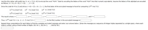 solved use the rsa cipher with public key n e 713 43