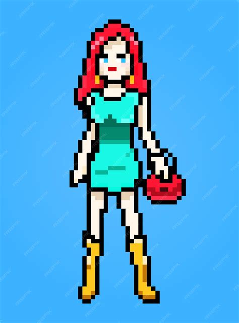 Premium Vector A Pixel Art Of A Girl In A Green Dress With A Red Bag