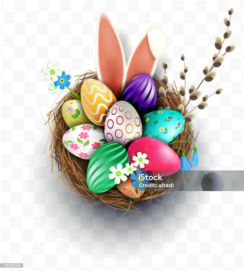 부활절 디자인 요소 계란 토끼 귀 버드 나무 나뭇 가지둥지 1위에 대한 스톡 벡터 아트 및 기타 이미지 1위 가리기 공휴일 Istock