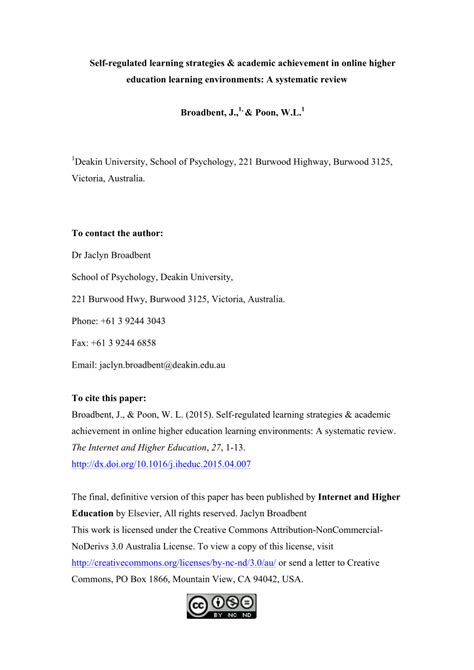 Pdf Self Regulated Learning Strategies And Academic Achievement In Online Higher Education