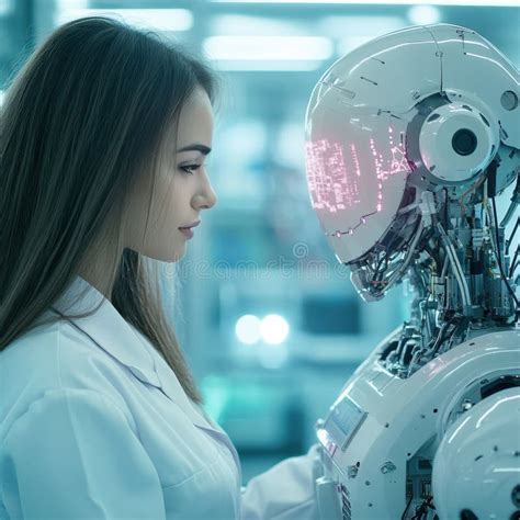 A Scientist Closely Interacts With A Humanoid Robot In A Laboratory Setting Demonstrating The