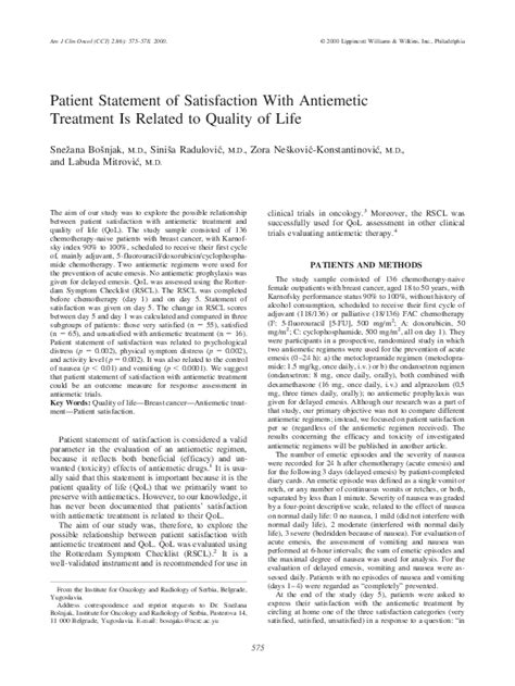 Pdf Patient Statement Of Satisfaction With Antiemetic Treatment Is Related To Quality Of Life