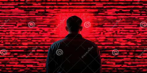 Scientist In Quantum Computing Lab Surrounded By Red Digital Data Stock Illustration