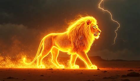 A Glowing Lion With A Fiery Aura Walks Majestically Across A Desert